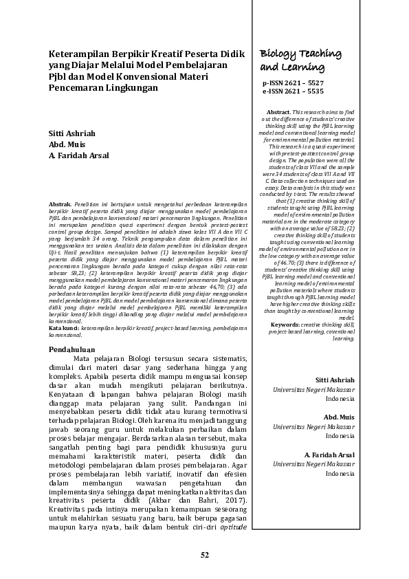 (PDF) Keterampilan Berpikir Kreatif Peserta Didik yang Diajar Melalui Model Pembelajaran Pjbl ...