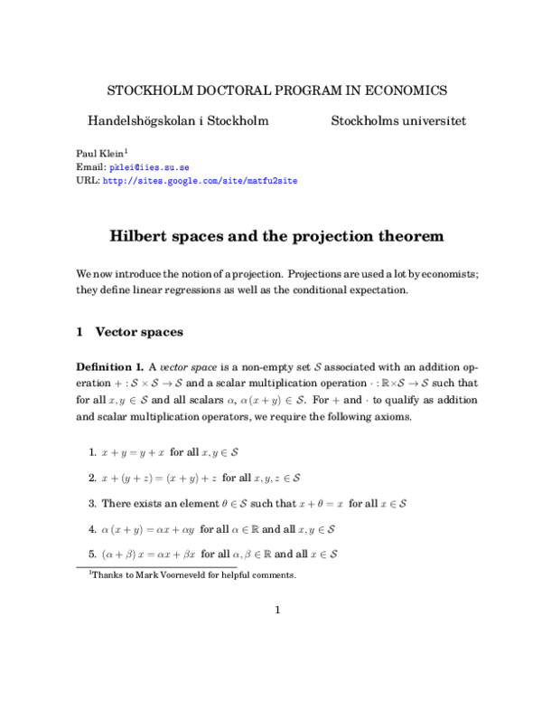 (PDF) Hilbert spaces and the projection theorem