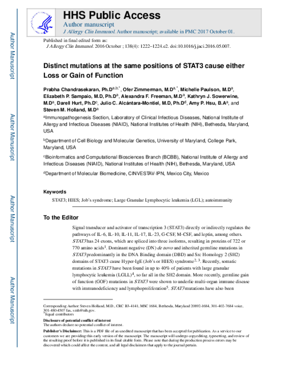 Pdf Distinct Mutations At The Same Positions Of Stat3 Cause Either