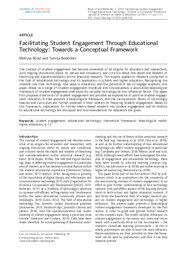 (PDF) Facilitating Student Engagement Through Educational Technology: Towards a Conceptual Framework