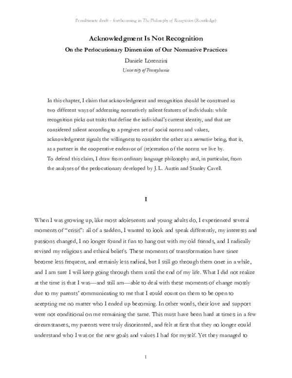 (PDF) Acknowledgment Is Not Recognition: On the Perlocutionary Dimension of Our Normative Practices