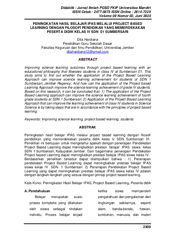 (PDF) Peningkatan Hasil Belajar Ipas Melalui Project Based Learning ...