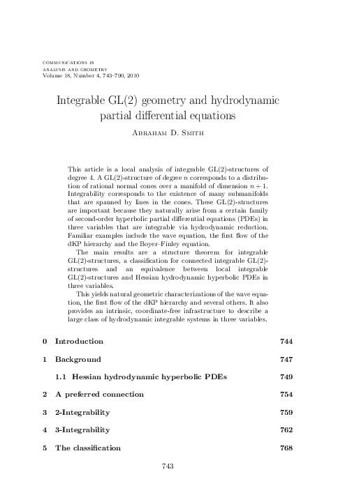 (PDF) Integrable GL(2) geometry and hydrodynamic partial differential equations