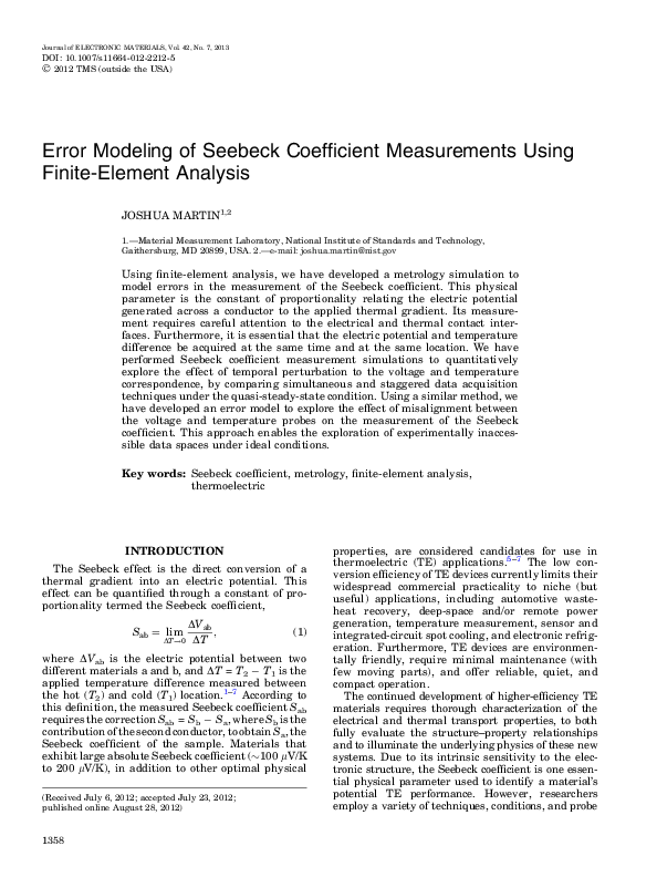 (PDF) Error Modeling of Seebeck Coefficient Measurements Using Finite-Element Analysis