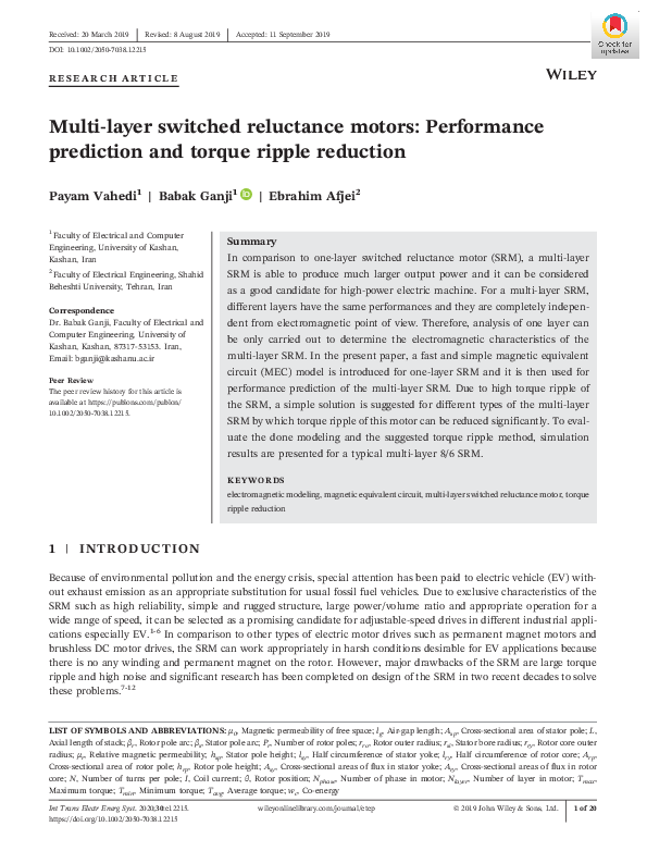 (PDF) Multi‐layer switched reluctance motors: Performance prediction and torque ripple reduction