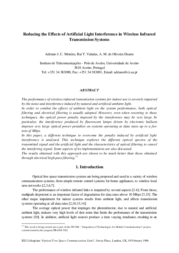 (PDF) Reducing the effects of artificial light interference in wireless infrared transmission ...