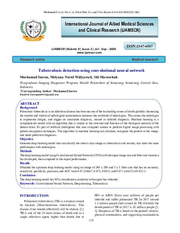 Pdf Tuberculosis Detection Using Convolutional Neural Network