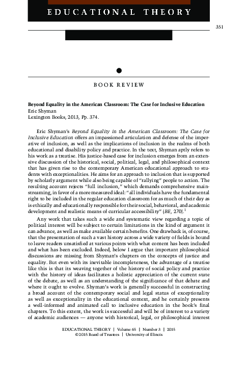 (PDF) Eric Shyman, Beyond Equality in the American Classroom: The Case ...