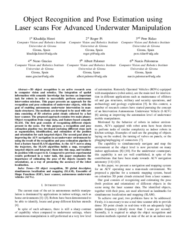 Pdf Object Recognition And Pose Estimation Using Laser Scans For Advanced Underwater Manipulation