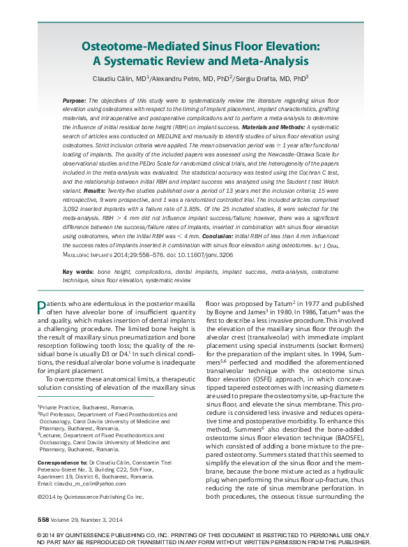 (PDF) Osteotome-Mediated Sinus Floor Elevation: A Systematic Review and Meta-Analysis