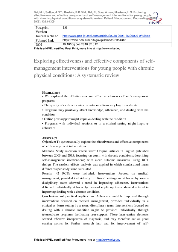 (PDF) Exploring effectiveness and effective components of self-management interventions for ...