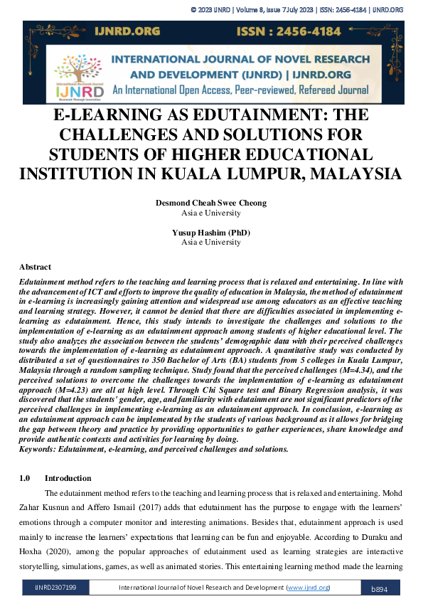 (PDF) E-LEARNING AS EDUTAINMENT: THE CHALLENGES AND SOLUTIONS FOR ...