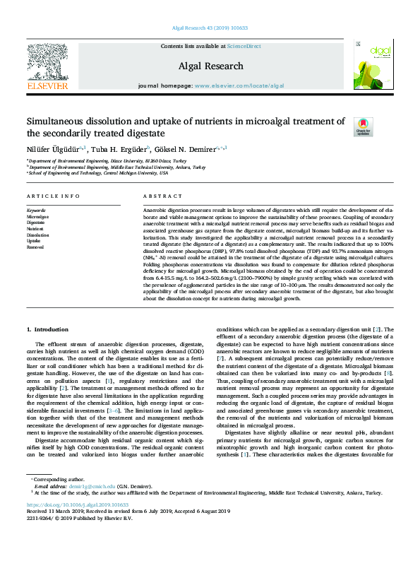 (PDF) Simultaneous dissolution and uptake of nutrients in microalgal ...