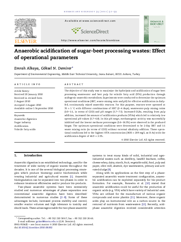 (PDF) Anaerobic acidification of sugar-beet processing wastes: Effect ...