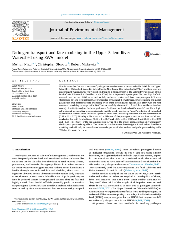 (PDF) Pathogen transport and fate modeling in the Upper Salem River ...