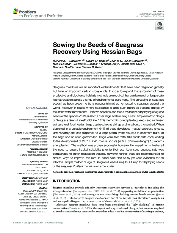 (PDF) Sowing the Seeds of Seagrass Recovery Using Hessian Bags