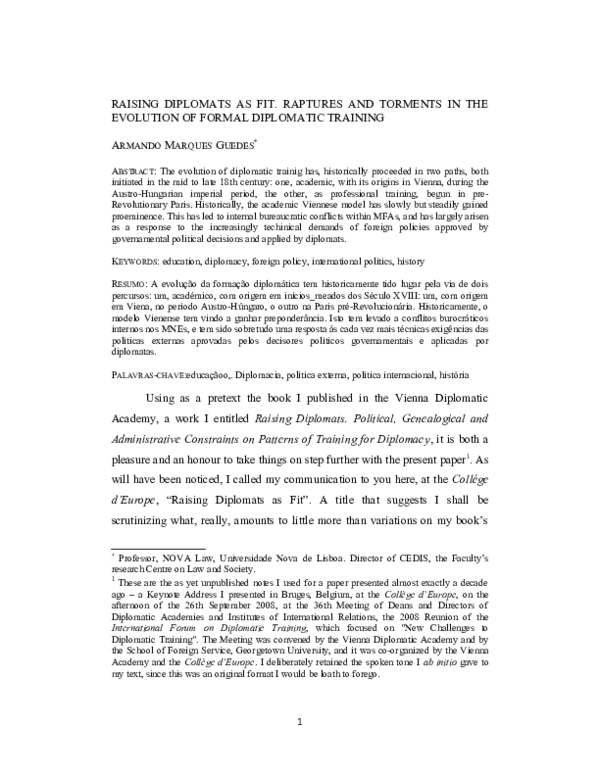 (DOC) Armando Marques Guedes (2018), Raising diplomats as fit. Raptures ...