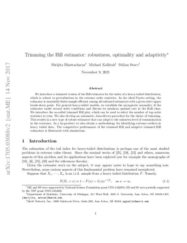 (PDF) Trimming the Hill estimator: robustness, optimality and adaptivity