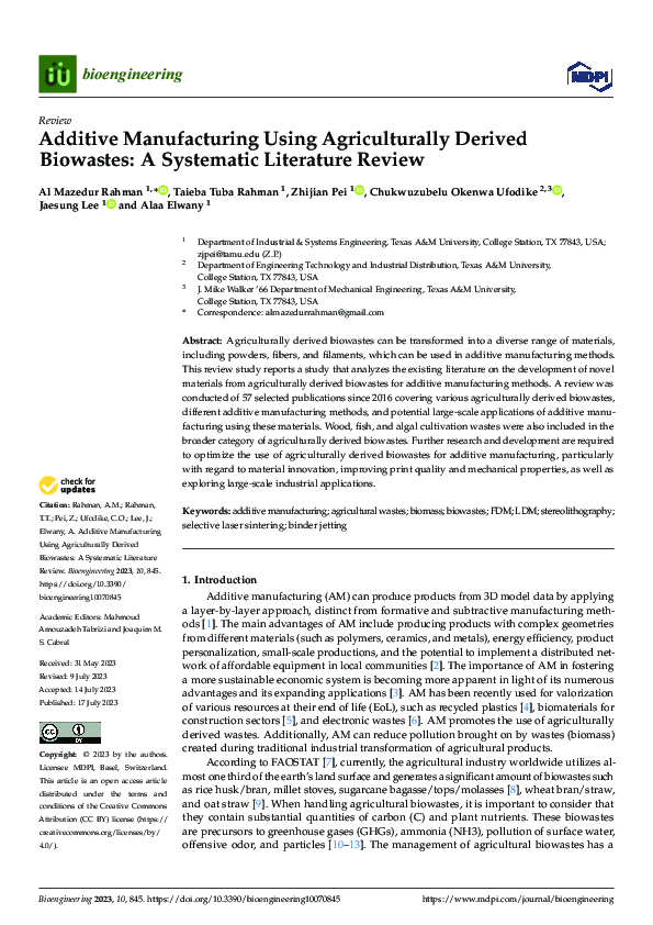 (PDF) Additive Manufacturing Using Agriculturally Derived Biowastes: A ...
