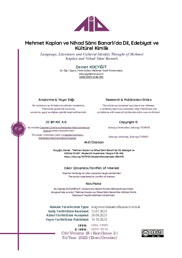 (PDF) Mehmet Kaplan ve Nihad Sâmi Banarlı'da Dil, Edebiyat ve Kültürel ...