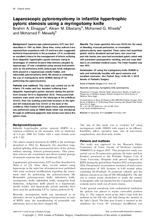 (PDF) Laparoscopic pyloromyotomy in infantile hypertrophic pyloric ...