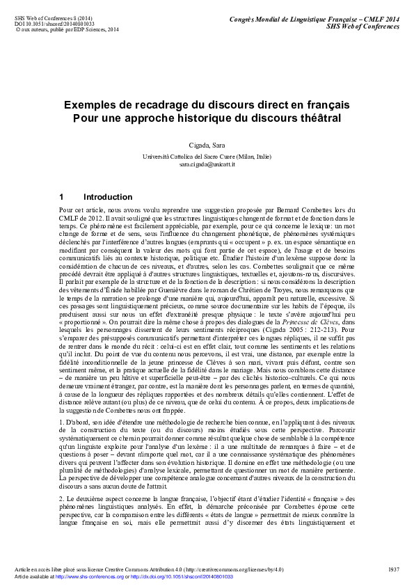 (PDF) Exemples de recadrage du discours direct en français. Pour une ...