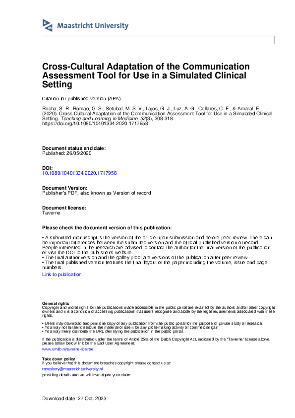 (PDF) Cross-Cultural Adaptation of the Communication Assessment Tool ...