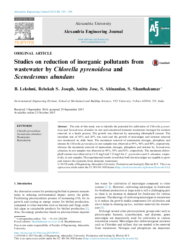 (PDF) Studies on reduction of inorganic pollutants from wastewater by Chlorella pyrenoidosa and ...