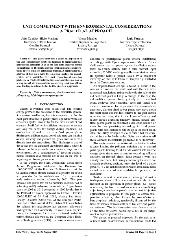 (PDF) Unit Commitment With Environmental Considerations: a Practical ...