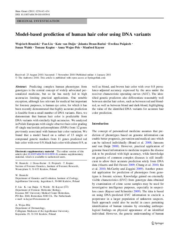 (PDF) Model-based prediction of human hair color using DNA variants