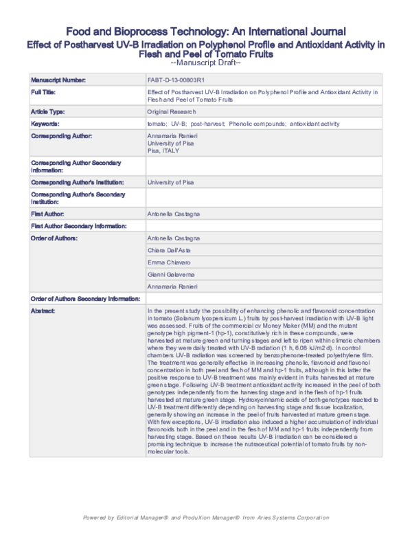 (PDF) Effect of Post-harvest UV-B Irradiation on Polyphenol Profile and Antioxidant Activity in ...