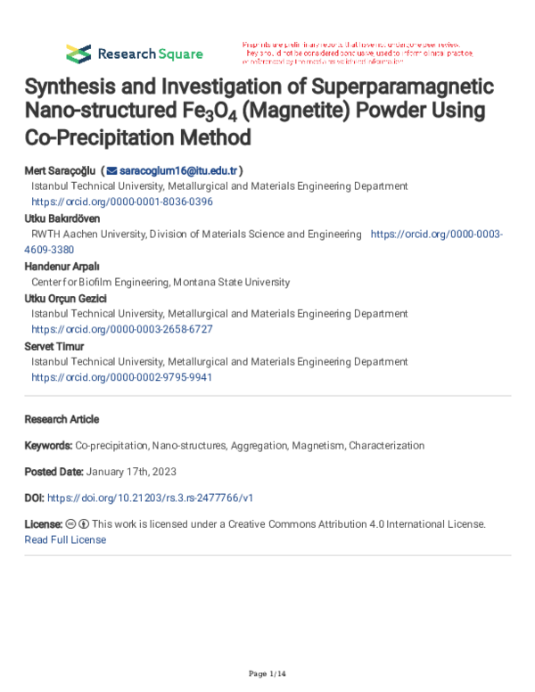 Pdf Synthesis And Investigation Of Superparamagnetic Nano Structured Fe3o4 Magnetite Powder