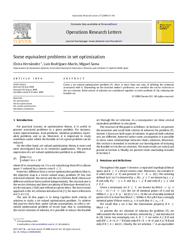 (PDF) Some equivalent problems in set optimization | Elvira Hernández - Academia.edu