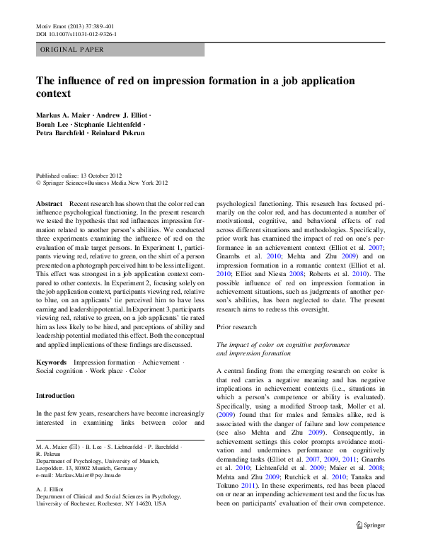 (PDF) The influence of red on impression formation in a job application ...