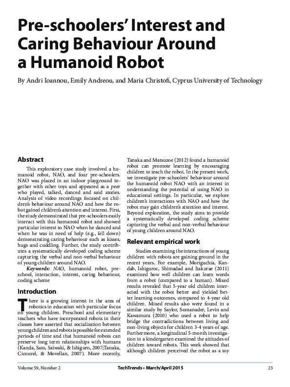 (PDF) Pre-schoolers’ Interest and Caring Behaviour Around a Humanoid Robot