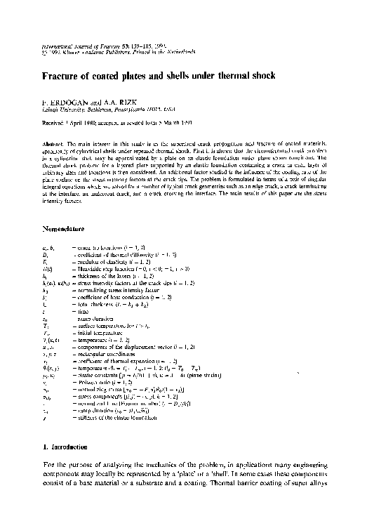 (PDF) Fracture of Coated Plates and Shells under Thermal Shock