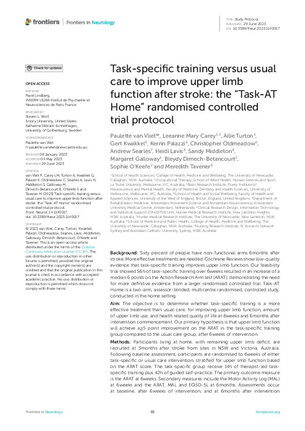 (PDF) Task-specific training versus usual care to improve upper limb function after stroke: the ...