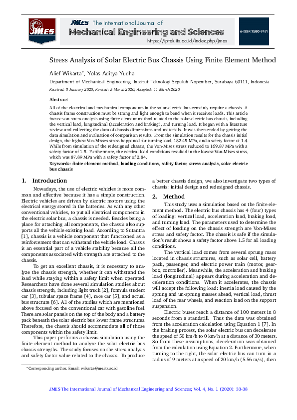 Pdf Stress Analysis Of Solar Electric Bus Chassis Using Finite Element Method