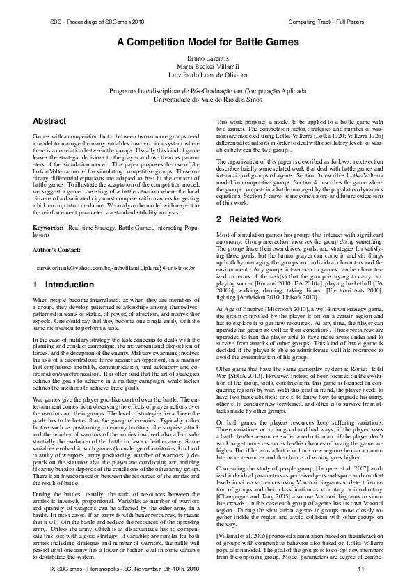 (PDF) A Competition Model for Battle Games