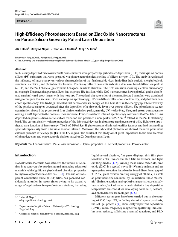 (PDF) High-Efficiency Photodetectors Based on Zinc Oxide Nanostructures on Porous Silicon Grown ...