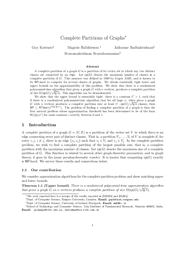 Pdf Complete Partitions Of Graphs Sivaramakrishnan Sivasubramanian