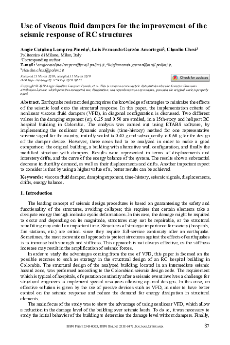 Pdf Use Of Viscous Fluid Dampers For The Improvement Of The Seismic