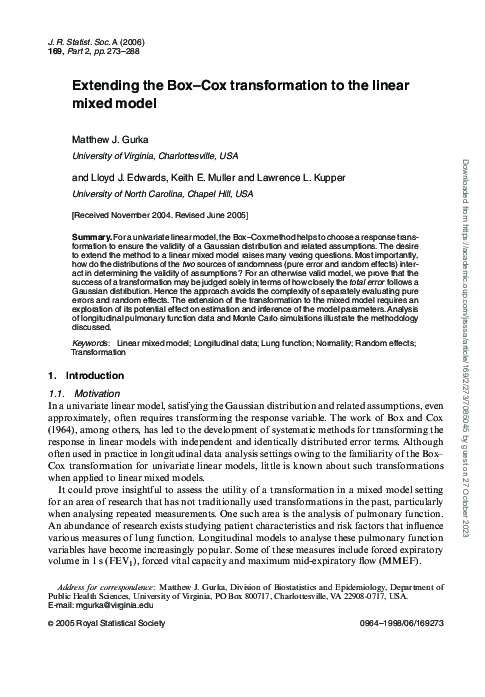 (PDF) Extending the Box–Cox Transformation to the Linear Mixed Model