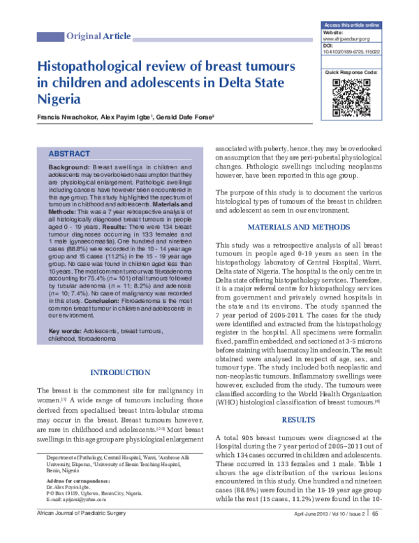 (PDF) Histopathological review of breast tumours in children and adolescents in Delta State ...