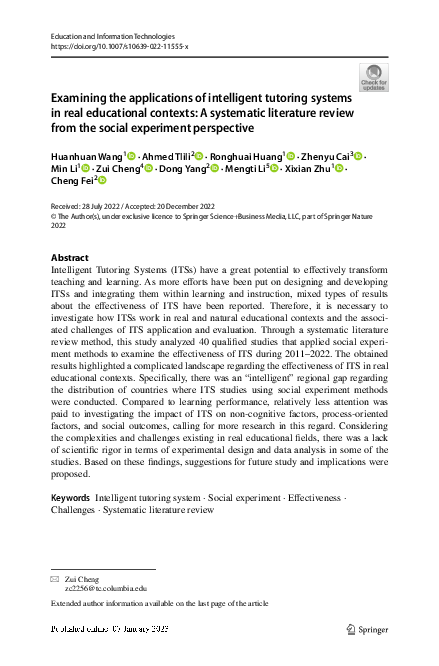 (PDF) Examining the applications of intelligent tutoring systems in real educational contexts: A ...