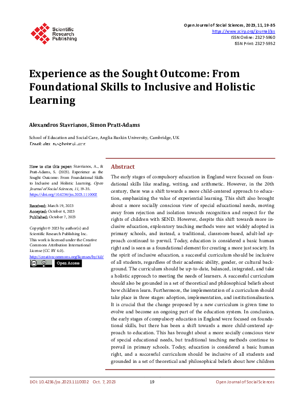 (PDF) Experience as the Sought Outcome: From Foundational Skills to ...