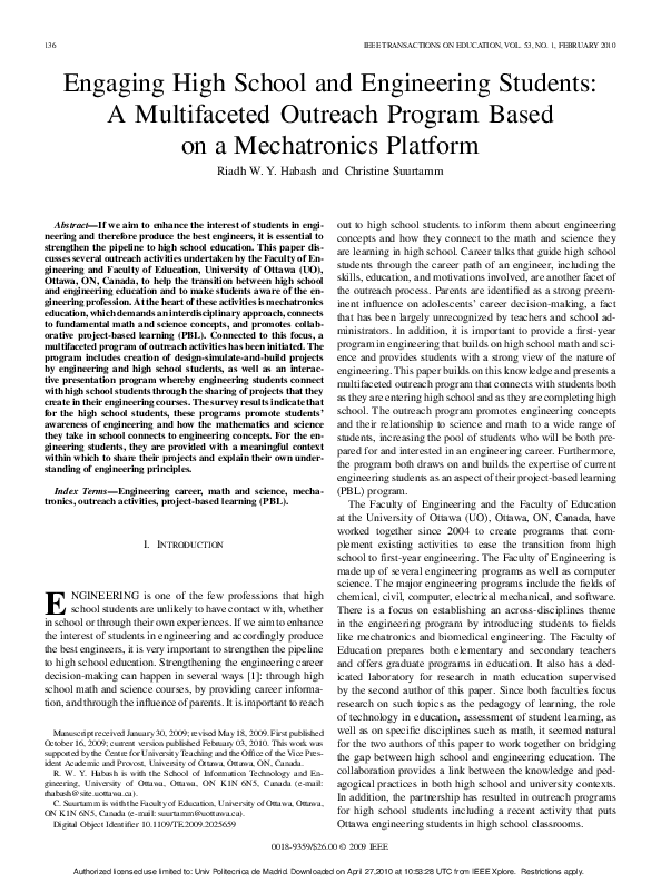 (PDF) Engaging High School and Engineering Students: A Multifaceted Outreach Program Based on a ...