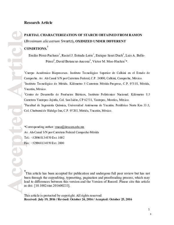 (PDF) Partial characterization of starch obtained from ramon (Brosimum alicastrum Swartz ...