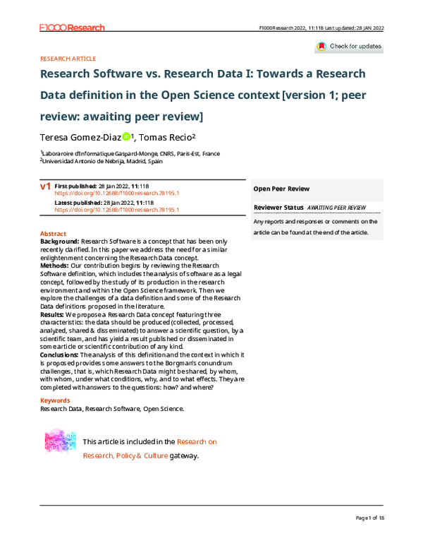 (PDF) Research Software vs. Research Data I: Towards a Research Data ...