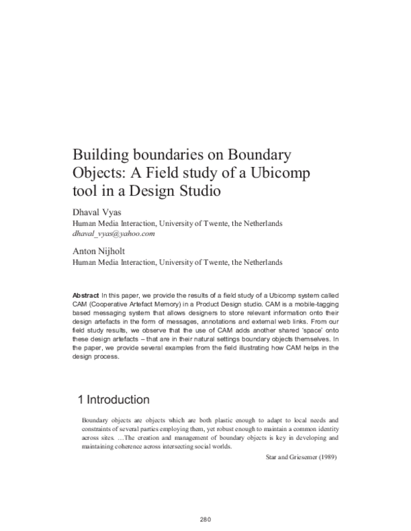 (PDF) Building boundaries on Boundary Objects: A Field study of a Ubicomp tool in a Design Studio